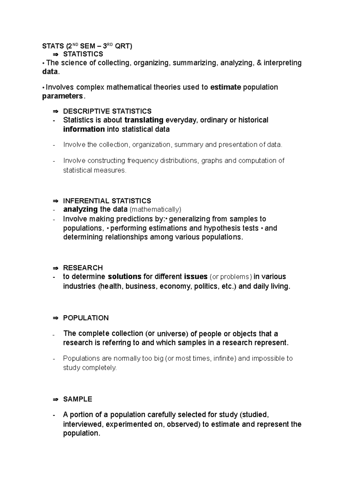 Statistics and Probability - STATS (2ND SEM – 3RD QRT) STATISTICS • The ...