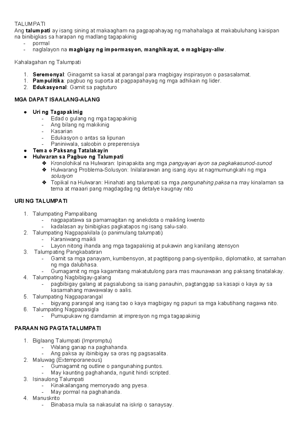 FPSL Talumpati Lesson Outline - TALUMPATI Ang talumpati ay isang sining ...