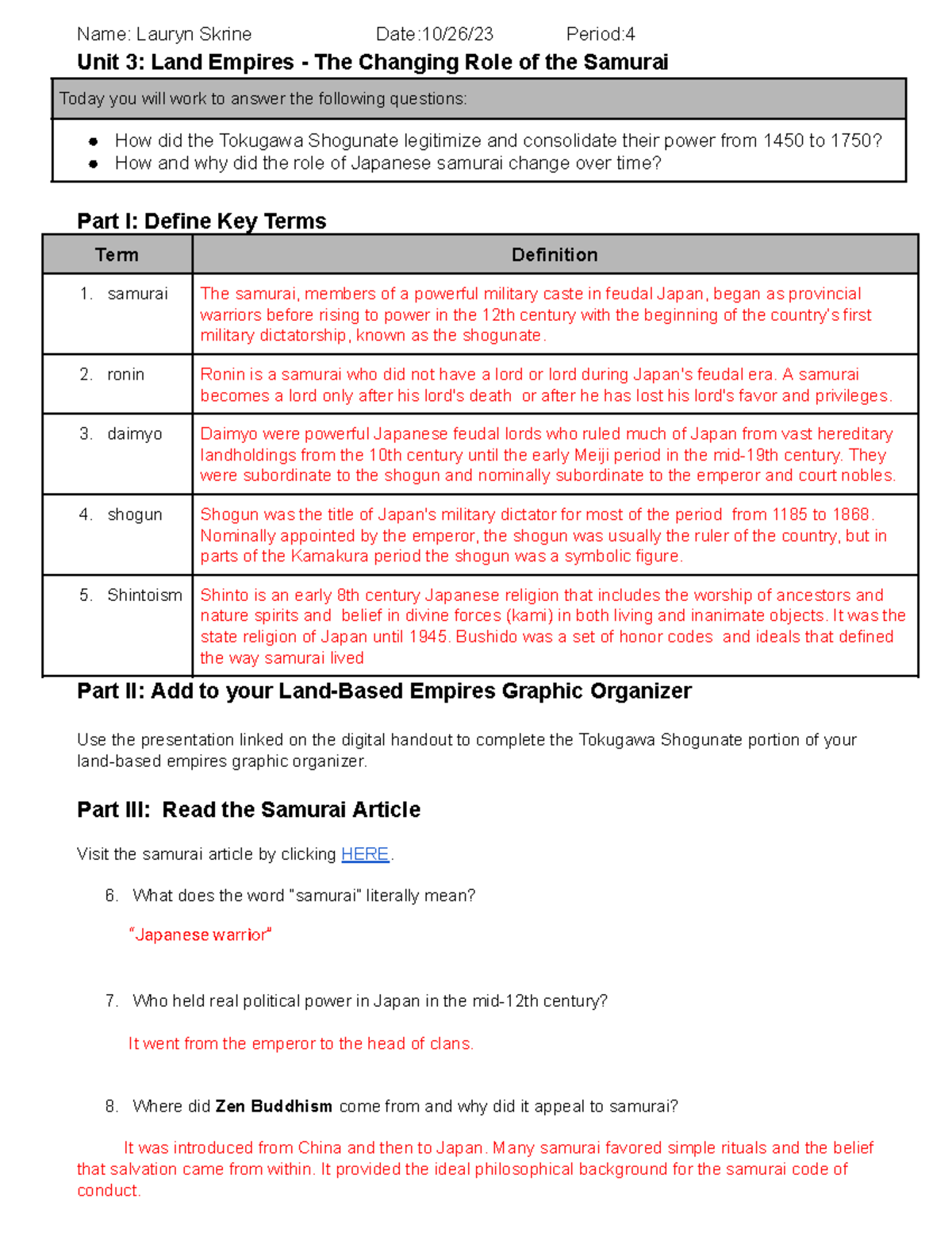 Unit 3 Samurai Inquiry Lesson (APWH Student Handout) - Name: Lauryn ...