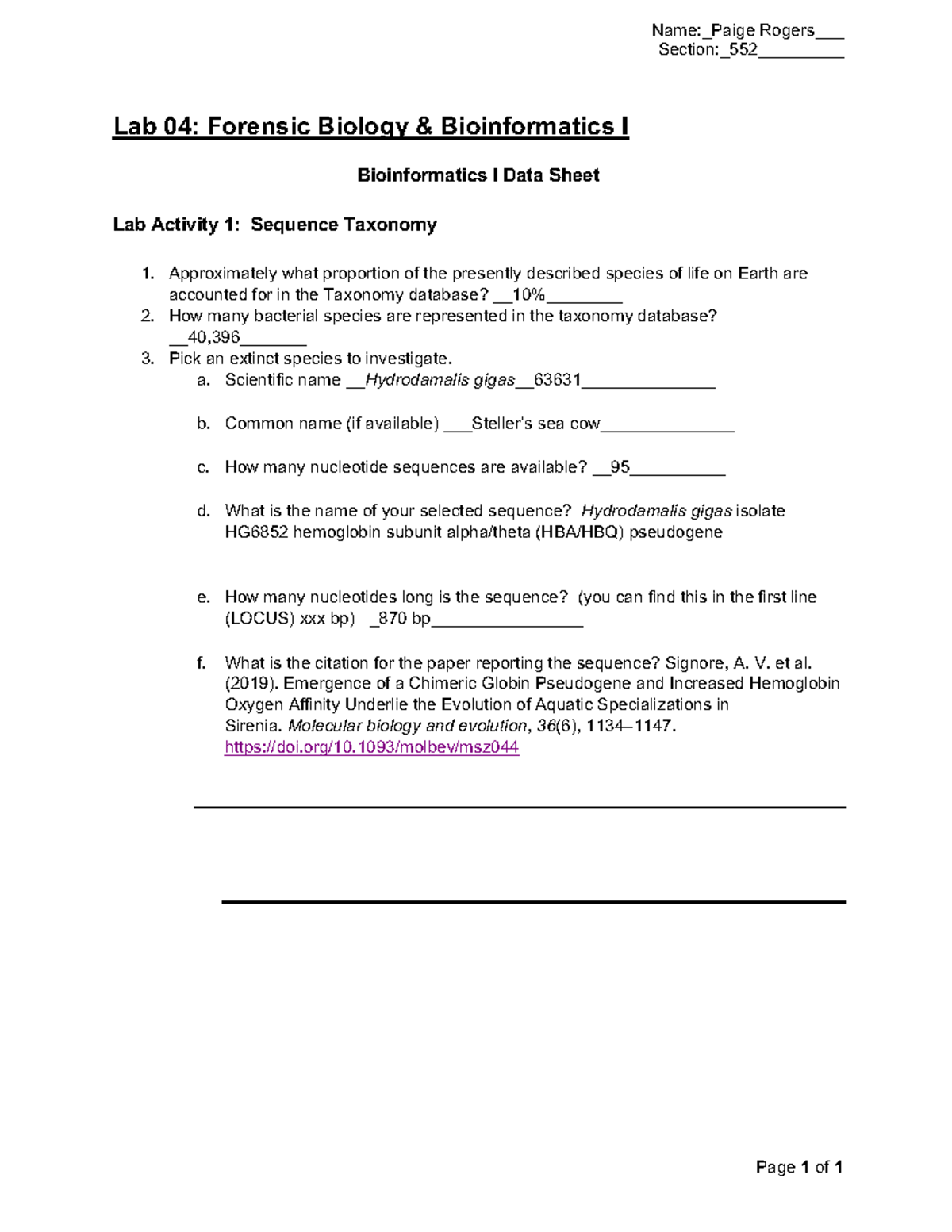 Forensic Biology Bioinformatics I Lab-Procedure V4 - Name:Paige Rogers ...