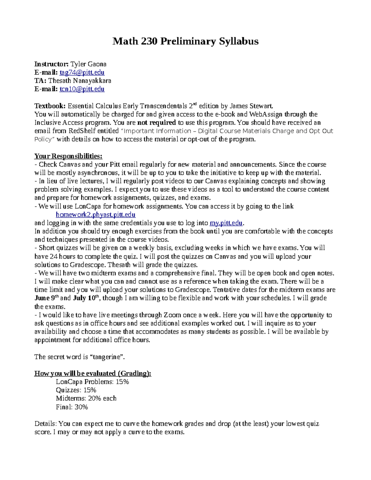 Preliminary-syllabus for calculus 2 taken over the summer. - Math 230 ...