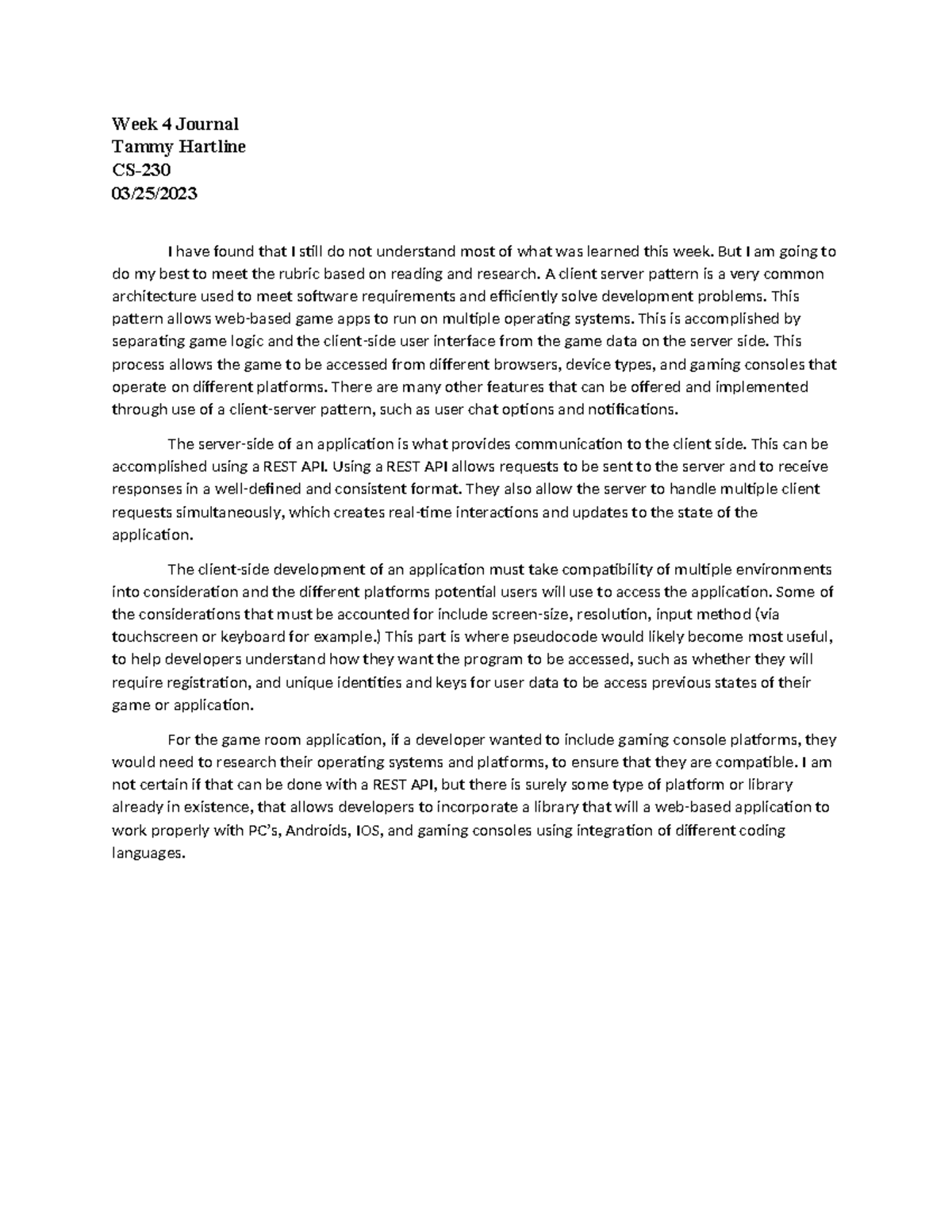 Week 4 Journal CS-230 - Notes - Week 4 Journal Tammy Hartline CS- 03/25 ...