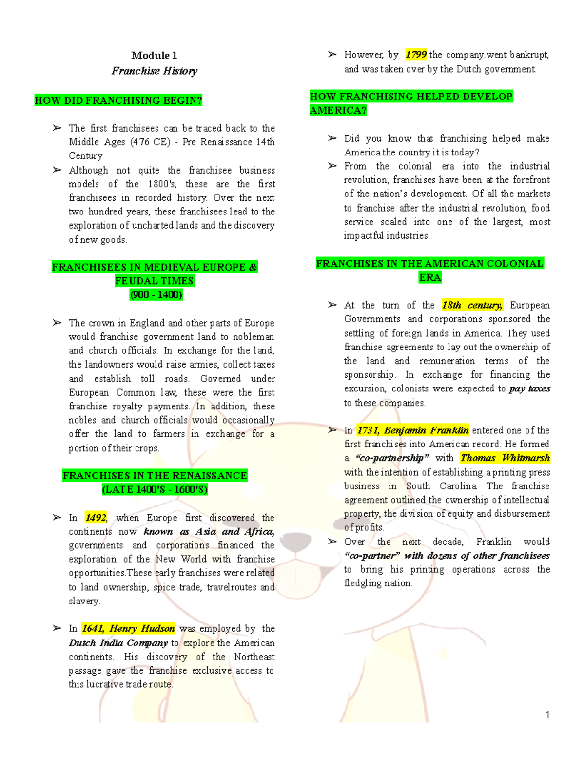 Franchising Module 1 -3 - Module 1 Franchise History HOW DID ...