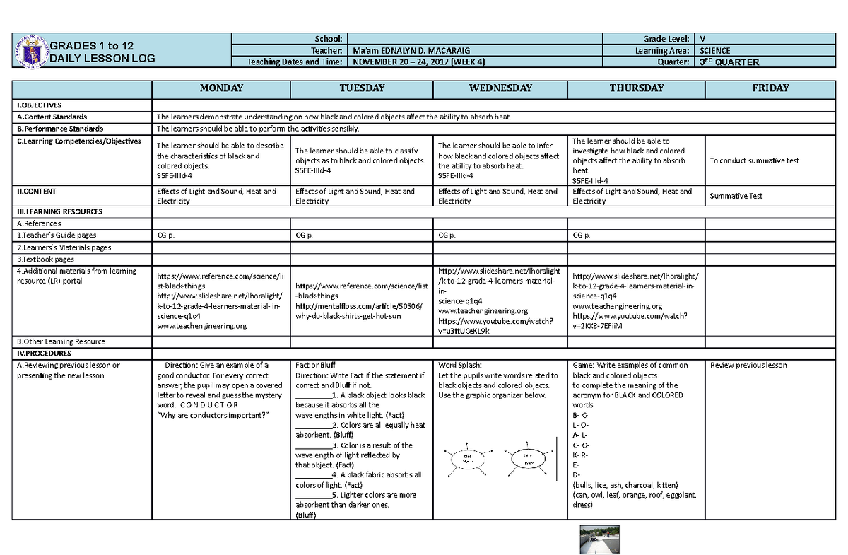 Science 5 Q3 W4 DLL - Maria Ramona O. Felix - GRADES 1 to 12 DAILY LESSON LOG School: Grade ...