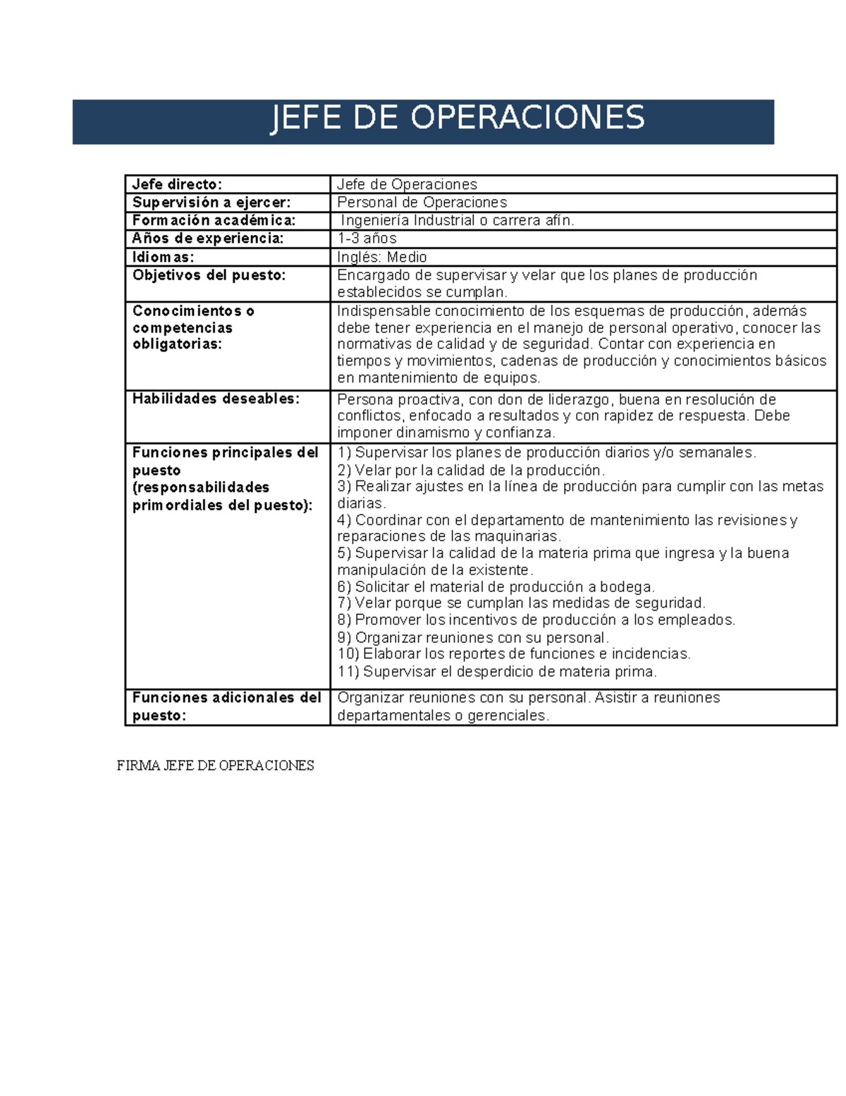 JEFE DE Operaciones Incomaq - JEFE DE OPERACIONES Jefe directo: Jefe de ...