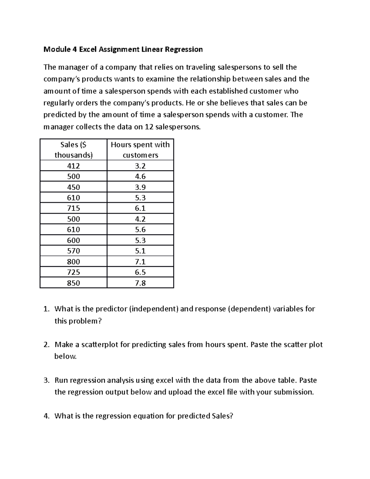 Module 4 Excel Assignment Assesment - Module 4 Excel Assignment Linear ...