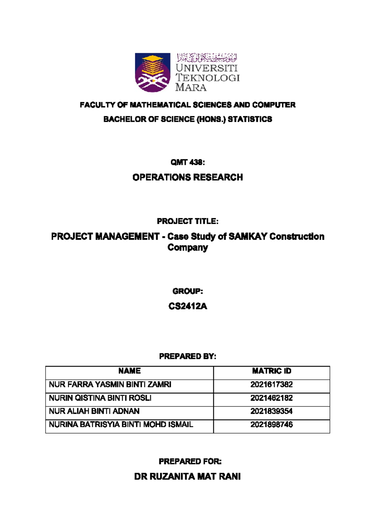 Example of Project Management - Case Study - Operation Research - Studocu