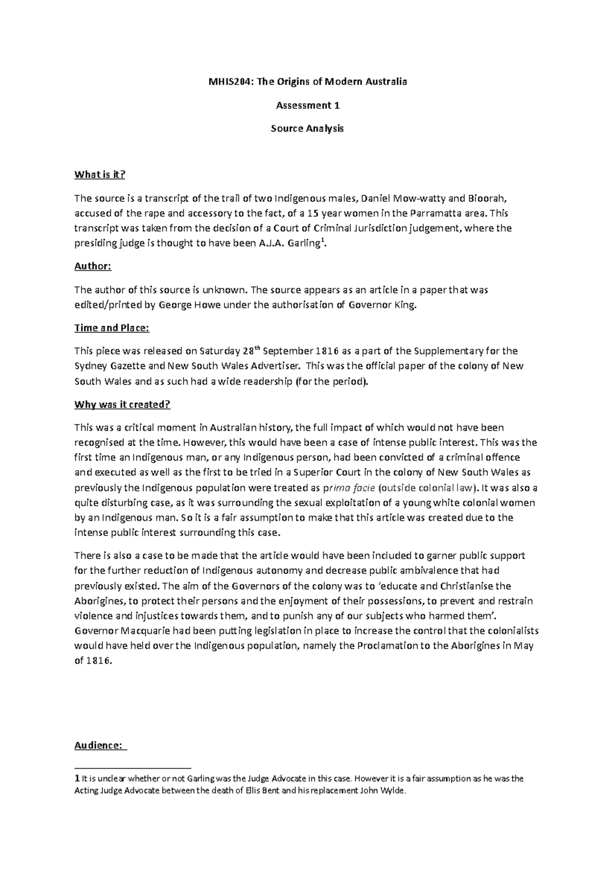 Source Analysis task - MHIS204: The Origins of Modern Australia ...