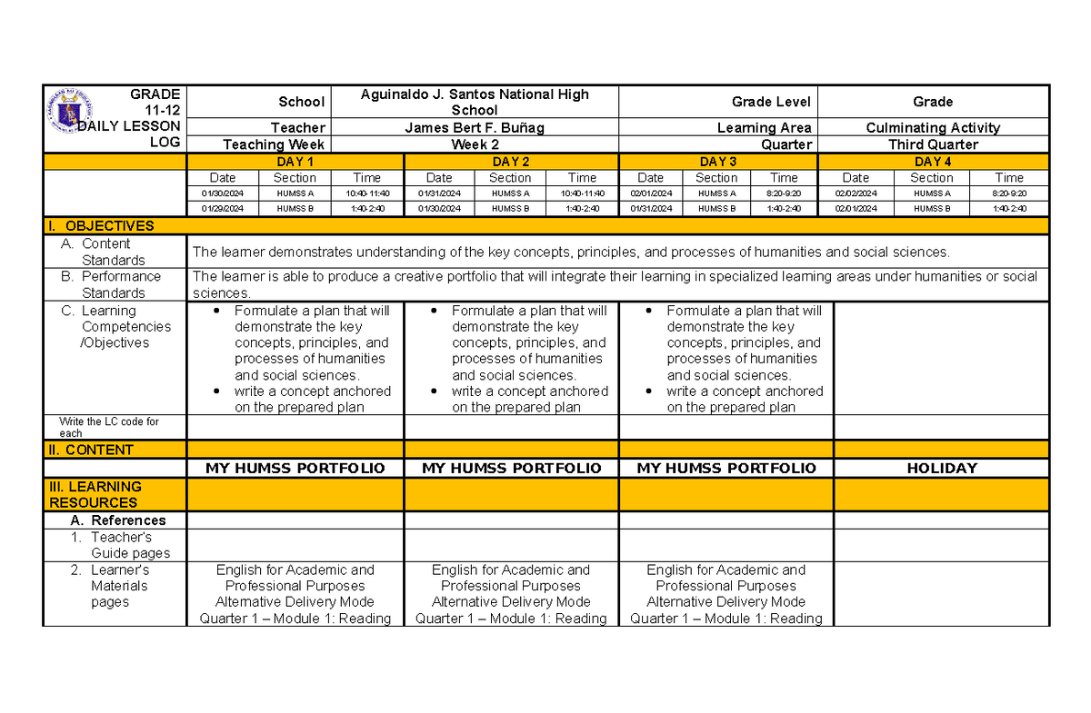 Culminating Activity DLL Week2 - GRADE 11- DAILY LESSON LOG School ...