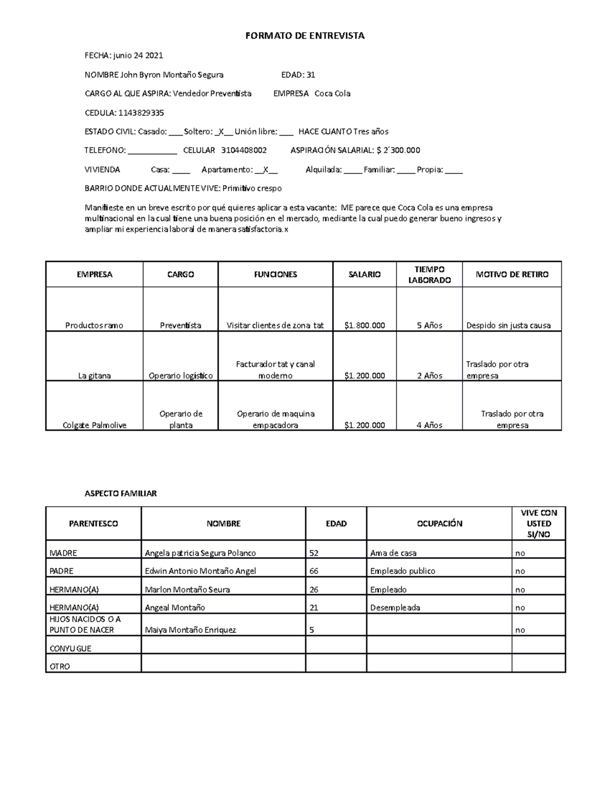 Formato DE Entrevista Formato lleno - FORMATO DE ENTREVISTA FECHA ...