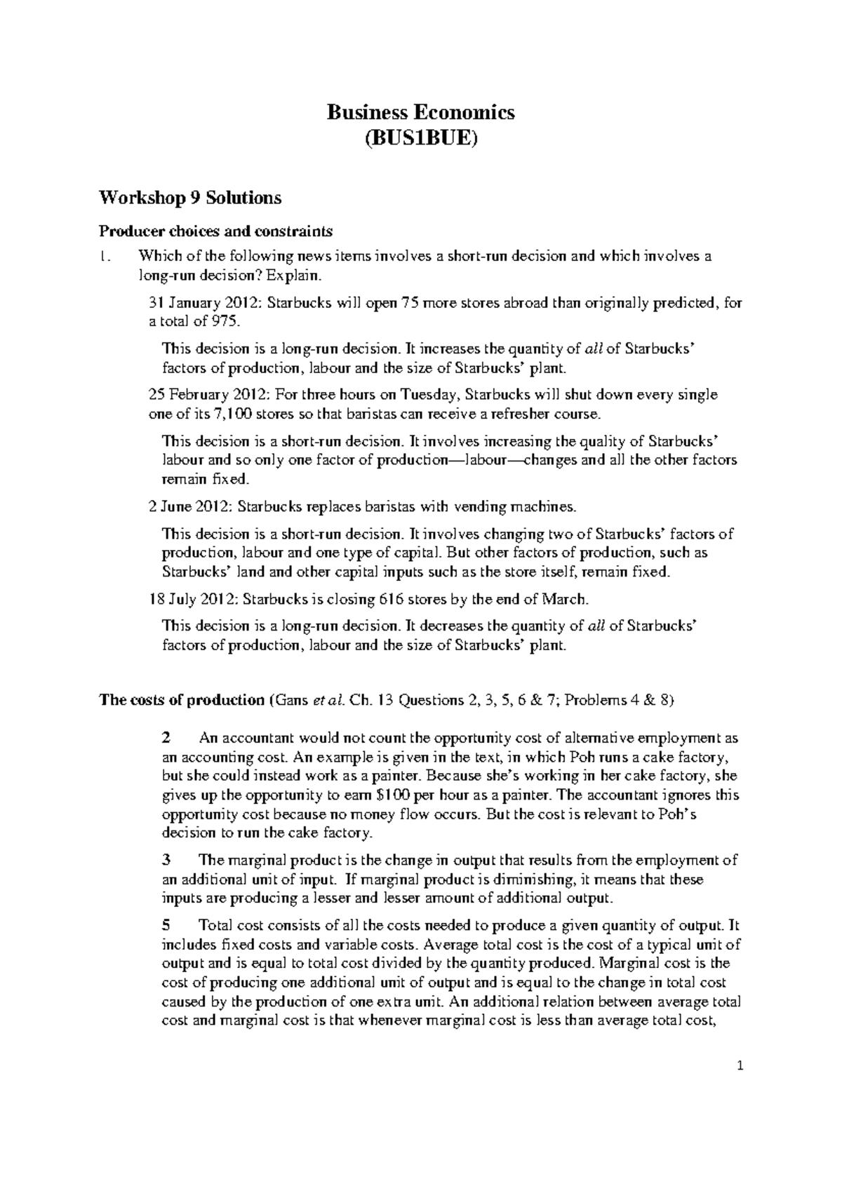WKSP9 Sol - Week 9 tutorial solutions - Business Economics (BUS1BUE ...