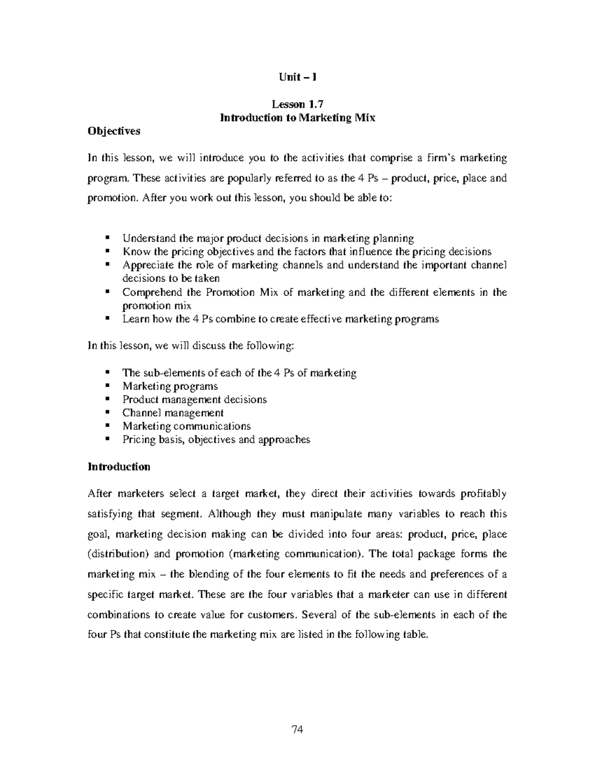 Marketing 4 - Unit – I Lesson 1. Introduction to Marketing Mix ...