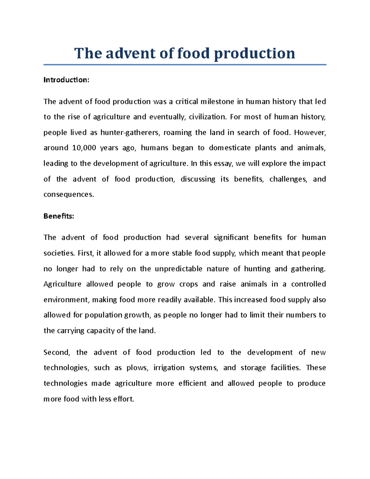 The advent of food production - The advent of food production ...