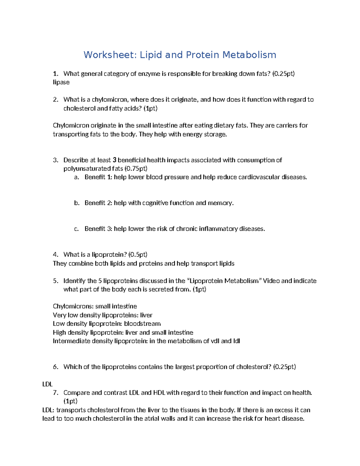 Worksheet Lipid and Protein Metabolism - They are carriers for ...