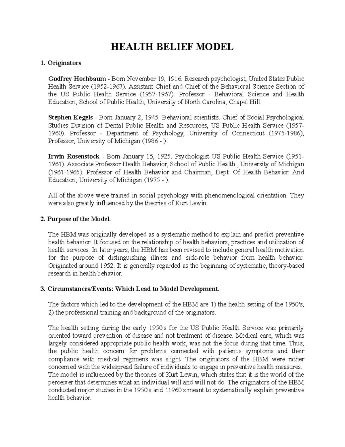 Health Belief Model - Assignment - HEALTH BELIEF MODEL Originators ...