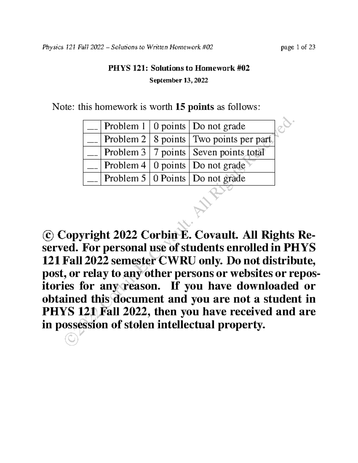 P121 sol 2022 hw02 - Homework - ©c 2022 Corbin E. Covault. All Rights Reserved. PHYS 121 ...