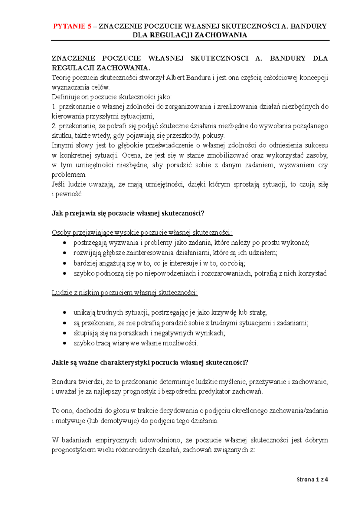 Pytanie NR 5 - ZNACZENIE POCZUCIE WŁASNEJ SKUTECZNOŚCI A. BANDURY DLA ...