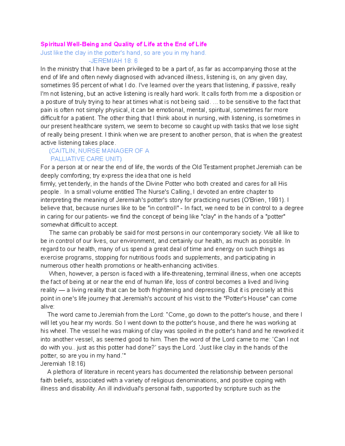 Spiritual - notes - Spiritual Well-Being and Quality of Life at the End ...