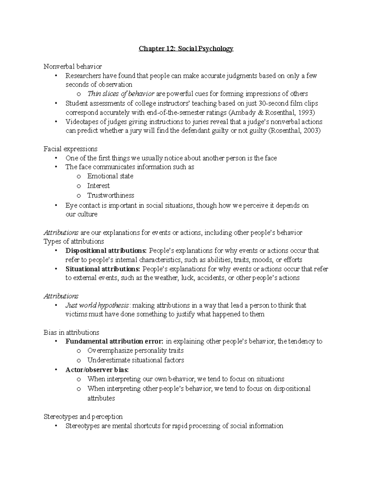 Chapter 12 Notes - Chapter 12: Social Psychology Nonverbal behavior ...
