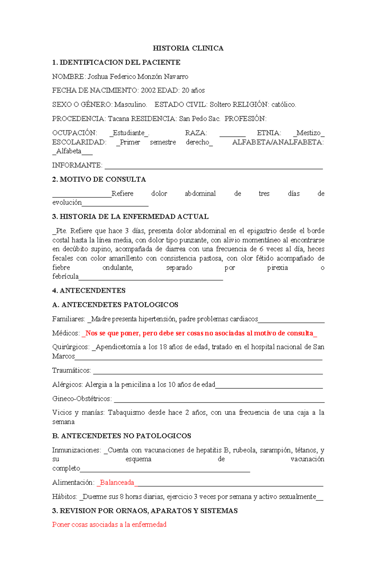 Historia Clinica - HISTORIA CLINICA 1. IDENTIFICACION DEL PACIENTE ...