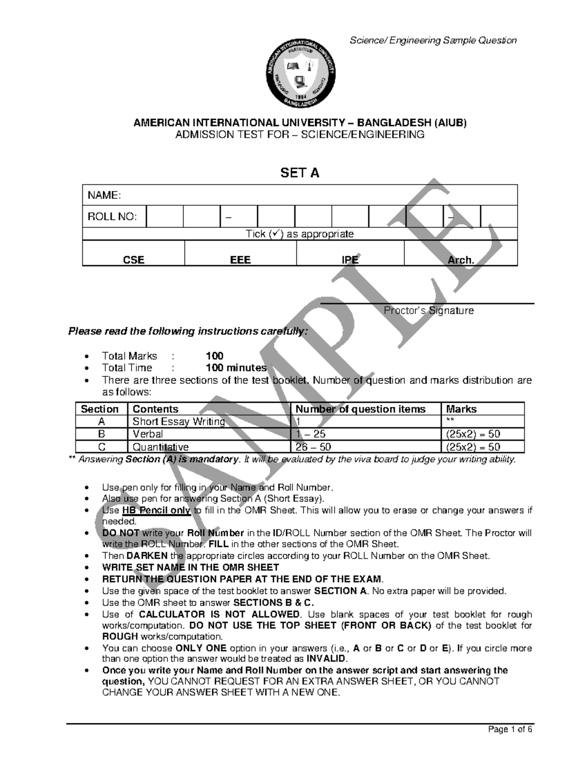 Fe Sample Admission Question American International University Bangladesh Aiub Admission 