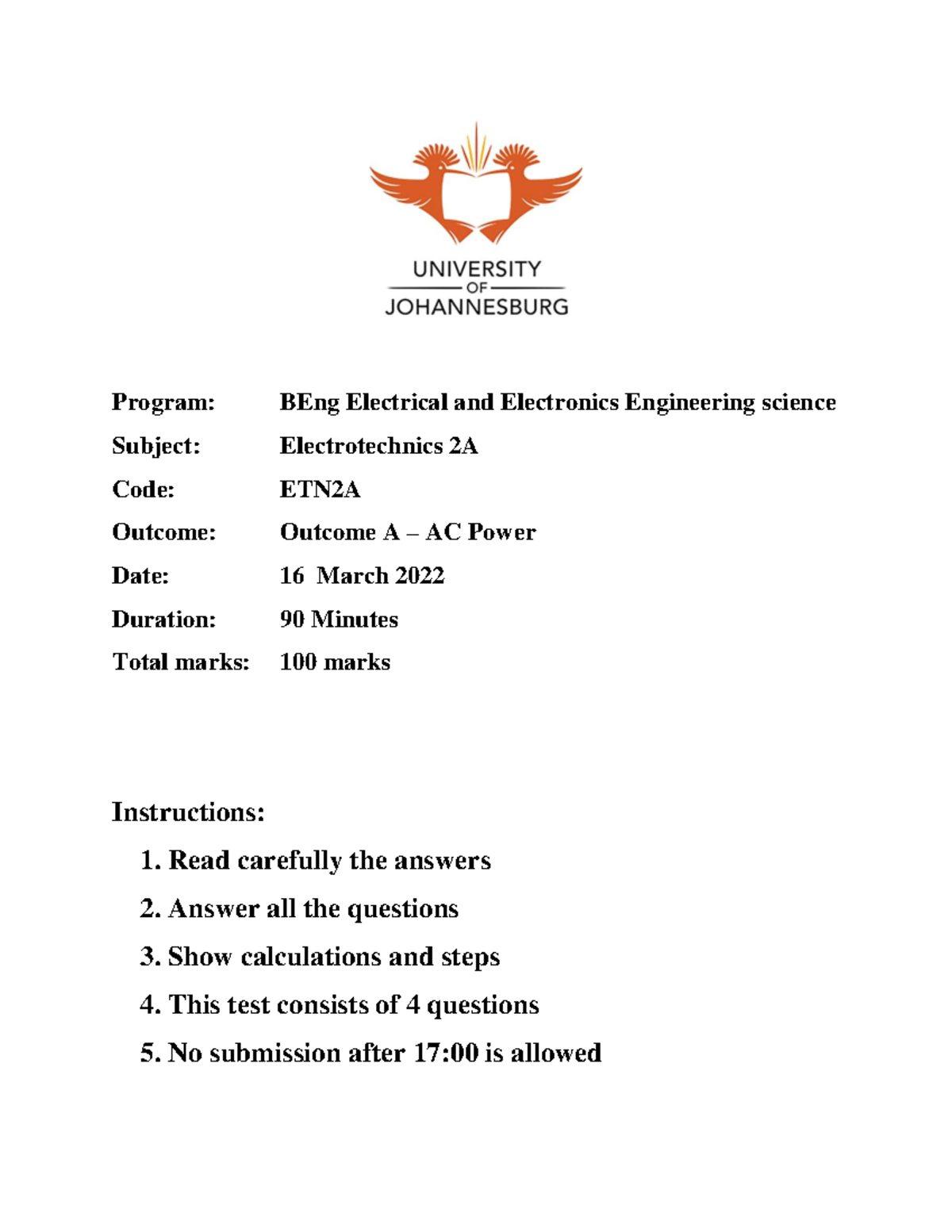 Out Come A1 - Program: BEng Electrical and Electronics Engineering science Subject ...