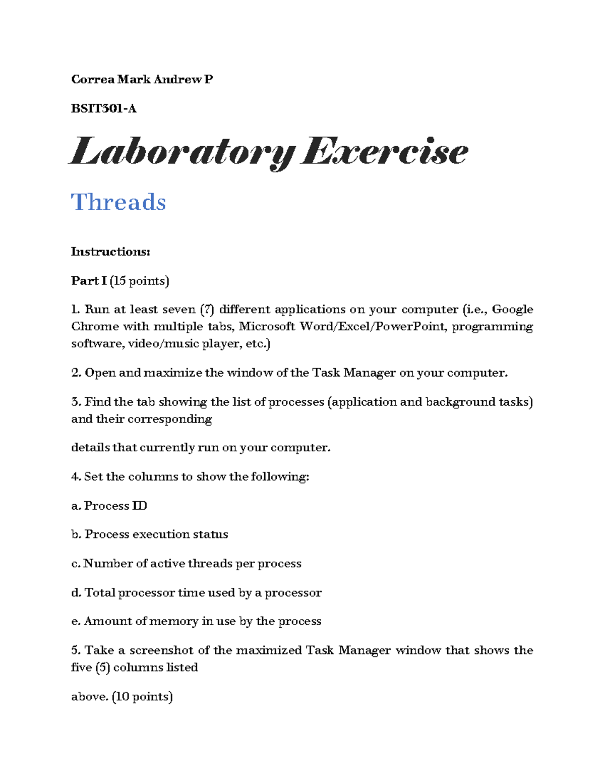 Laboratory Exercise Threads - Correa Mark Andrew P BSIT301-A Laboratory ...