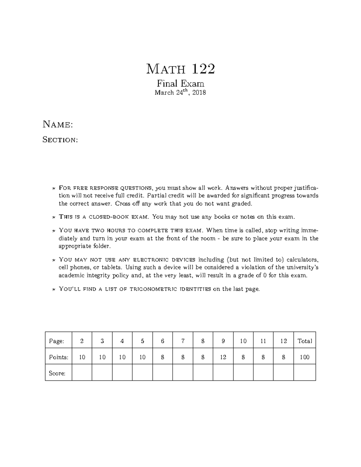 Math122 Final Exam A 2017 25 - Math 122 Final Exam March 24 th , 2018 ...