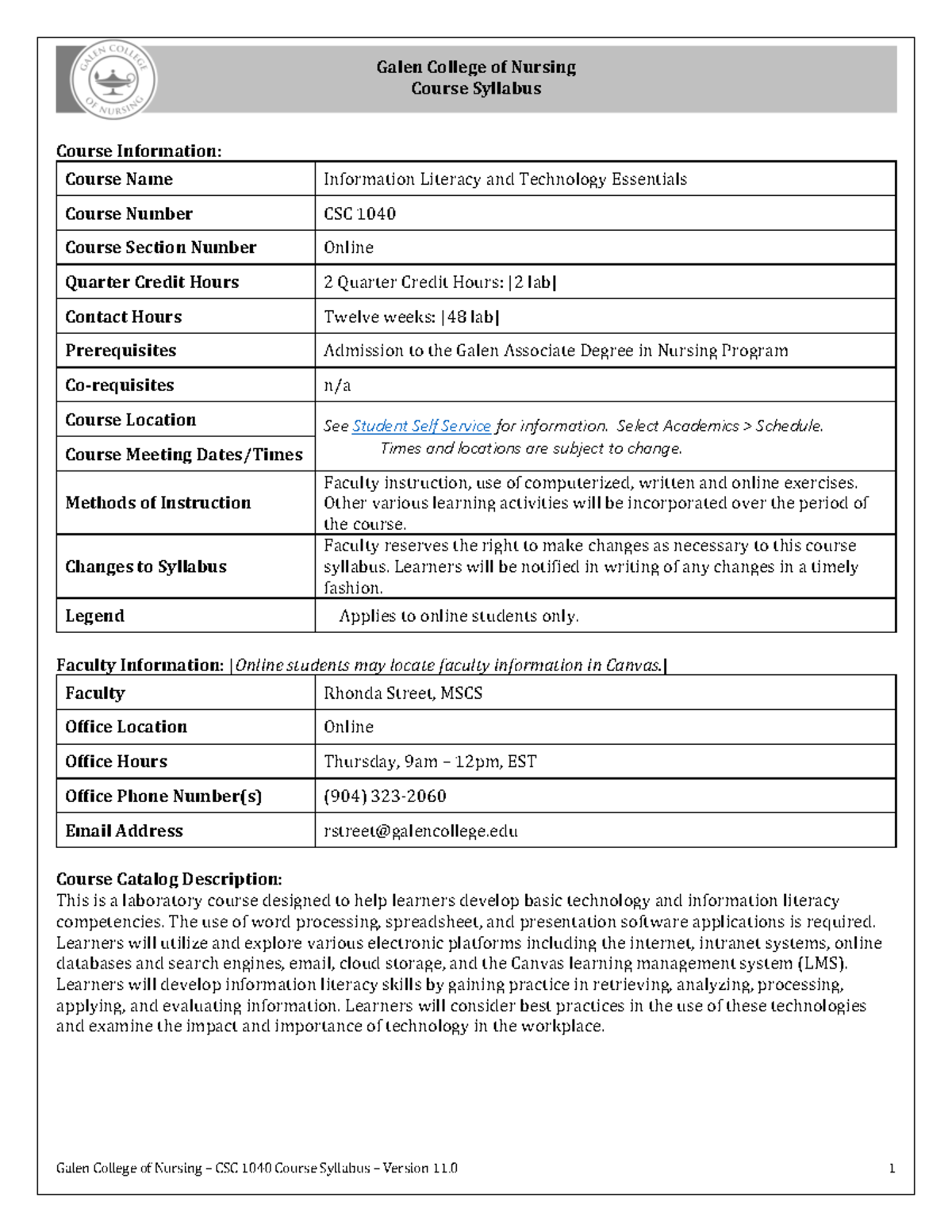 CSC 1040 Syllabus Version Summer 2022 - **Galen College of Nursing ...