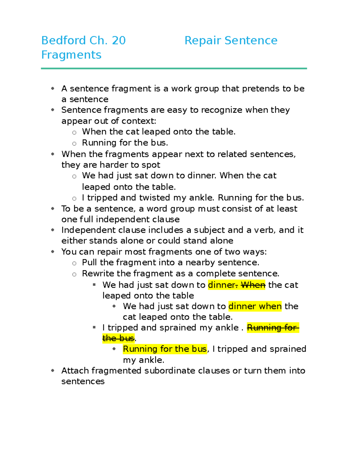ENG - 101 Bedford Ch. 20 Notes - Bedford Ch. 20 Repair Sentence ...