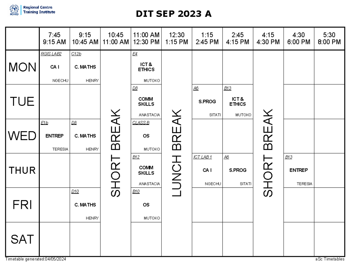DIT SEP 2023 A - Lecture notes - Timetable generated:04/05/2024 aSc ...