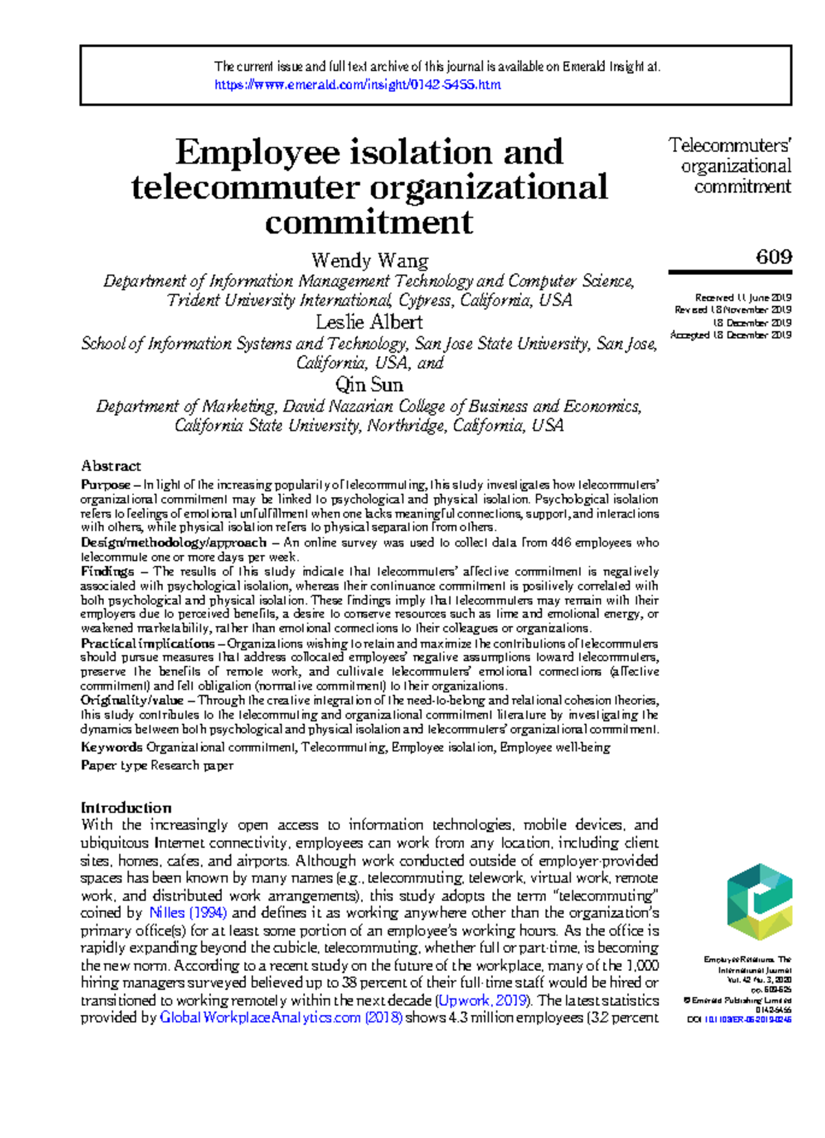 Employee isolation and telecommuter - Employee isolation and ...