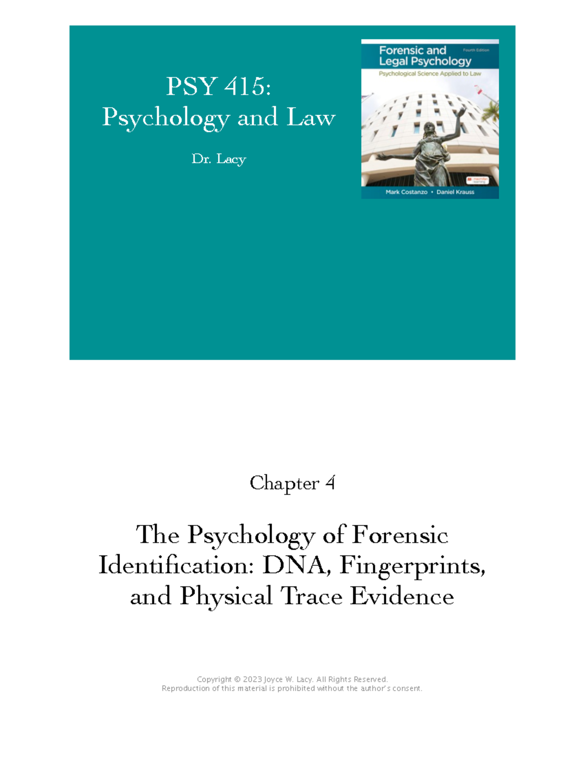 PSY 415 Ch4 DNAFingerprints Trace Evid - ####### PSY 415: ####### Psychology and Law Dr. Lacy ...