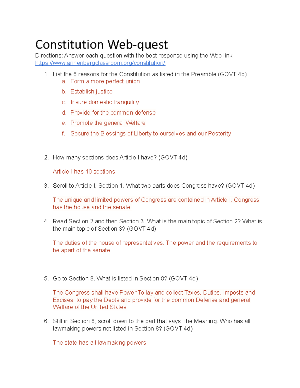 Constitution Web-quest - Constitution Web-quest Directions: Answer each ...
