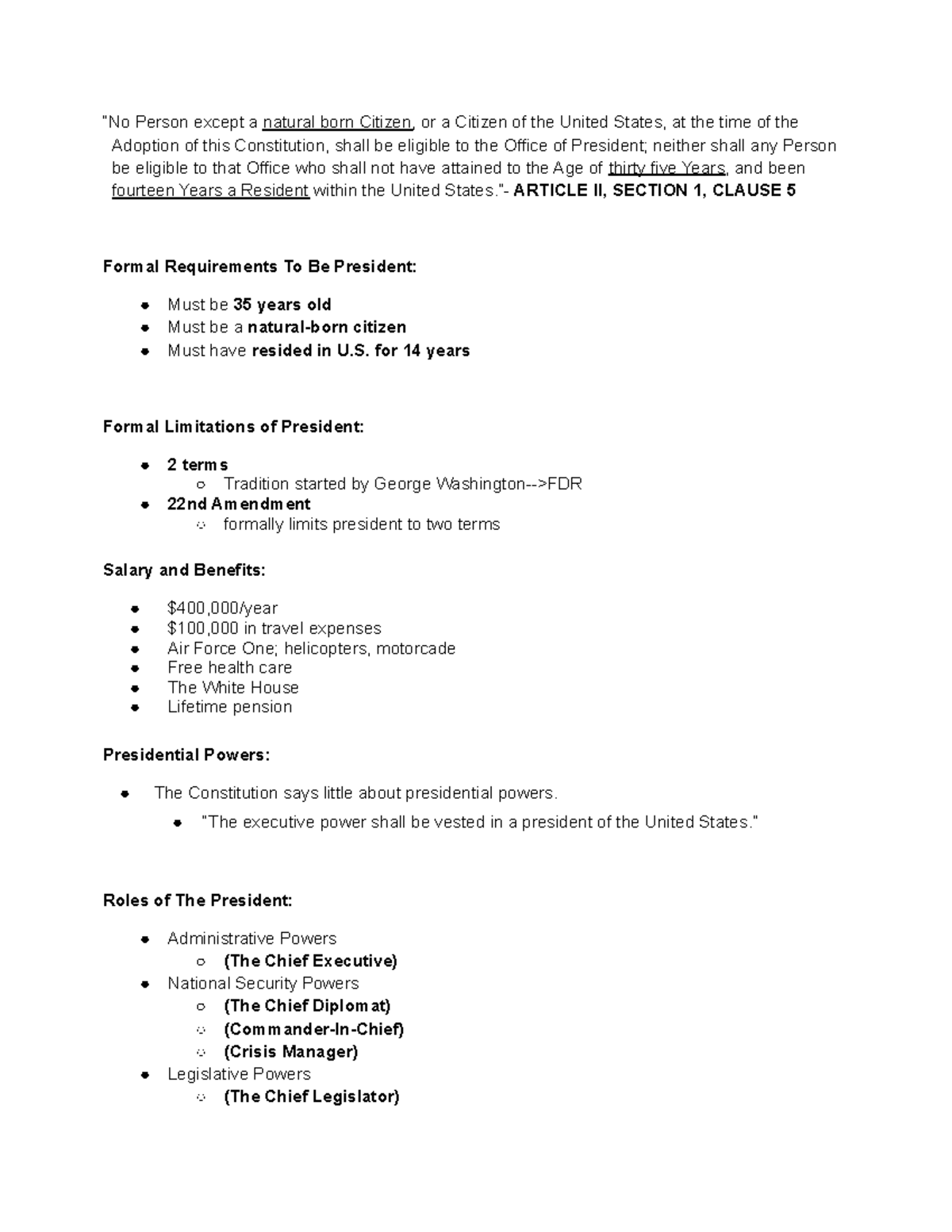 AP U.S. Gov Unit 2 The Executive Branch Reading Notes