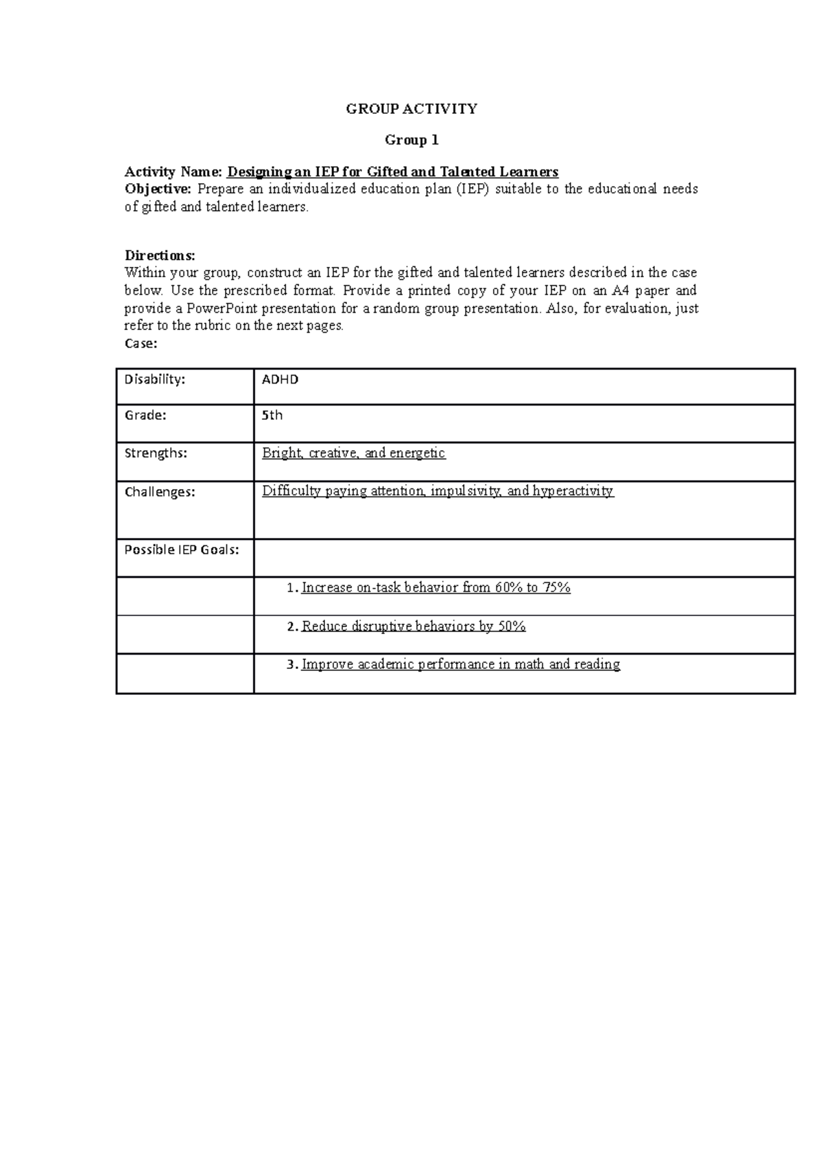 ADHD-SNED-IEP - GROUP ACTIVITY Group 1 Activity Name: Designing an IEP ...