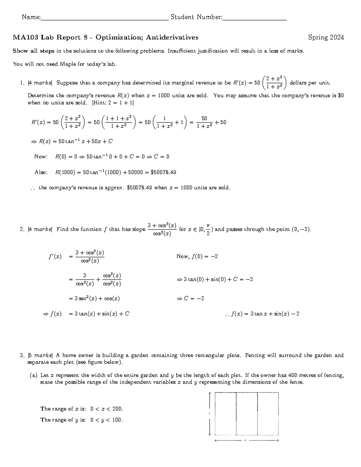 MA103 Lab 8 Solutions-2 - Name: Student Number: MA103 Lab Report 8 ...