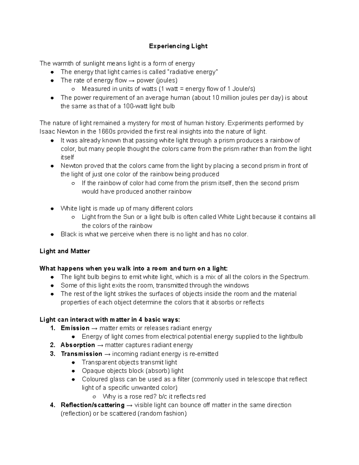 Unfinished lesson 5 notes - Experiencing Light The warmth of sunlight ...