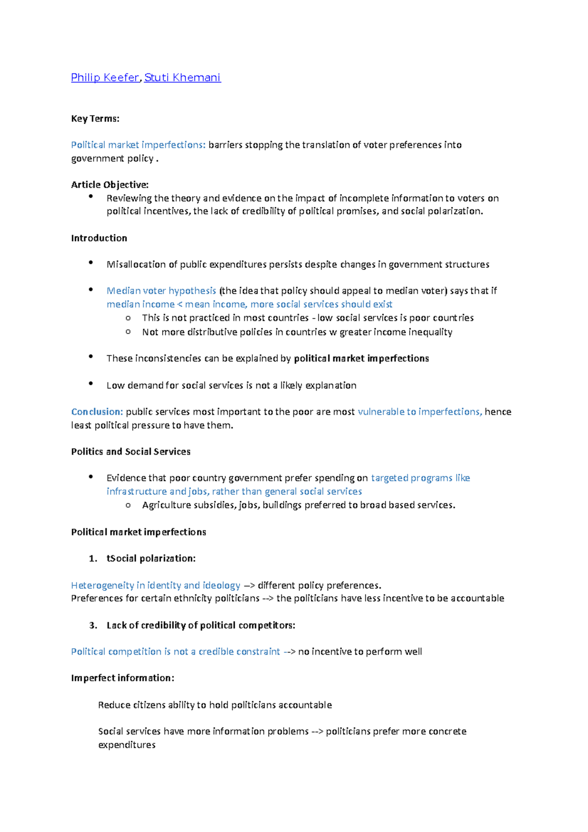Week 12 rreading notes - Philip Keefer, Stuti Khemani Key Terms ...