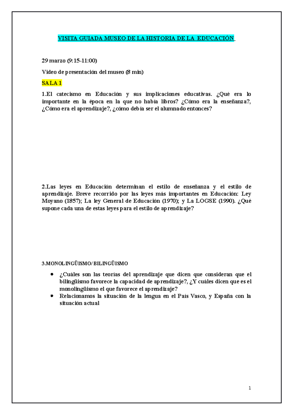 Actividad Visita Museo DE LA Educación ejercicios - VISITA GUIADA MUSEO ...