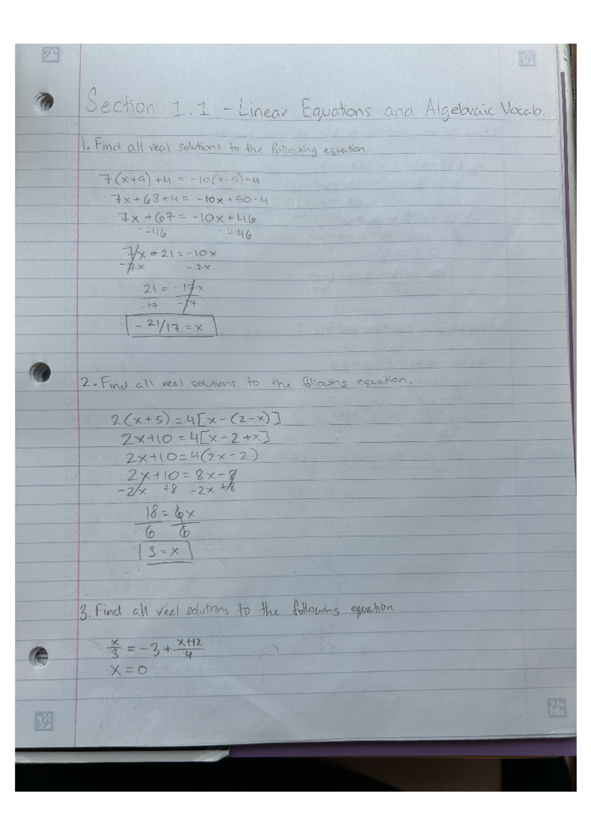 Linear Equations and Algebraic Vocab - MATH 8 - 1. Find all real ...