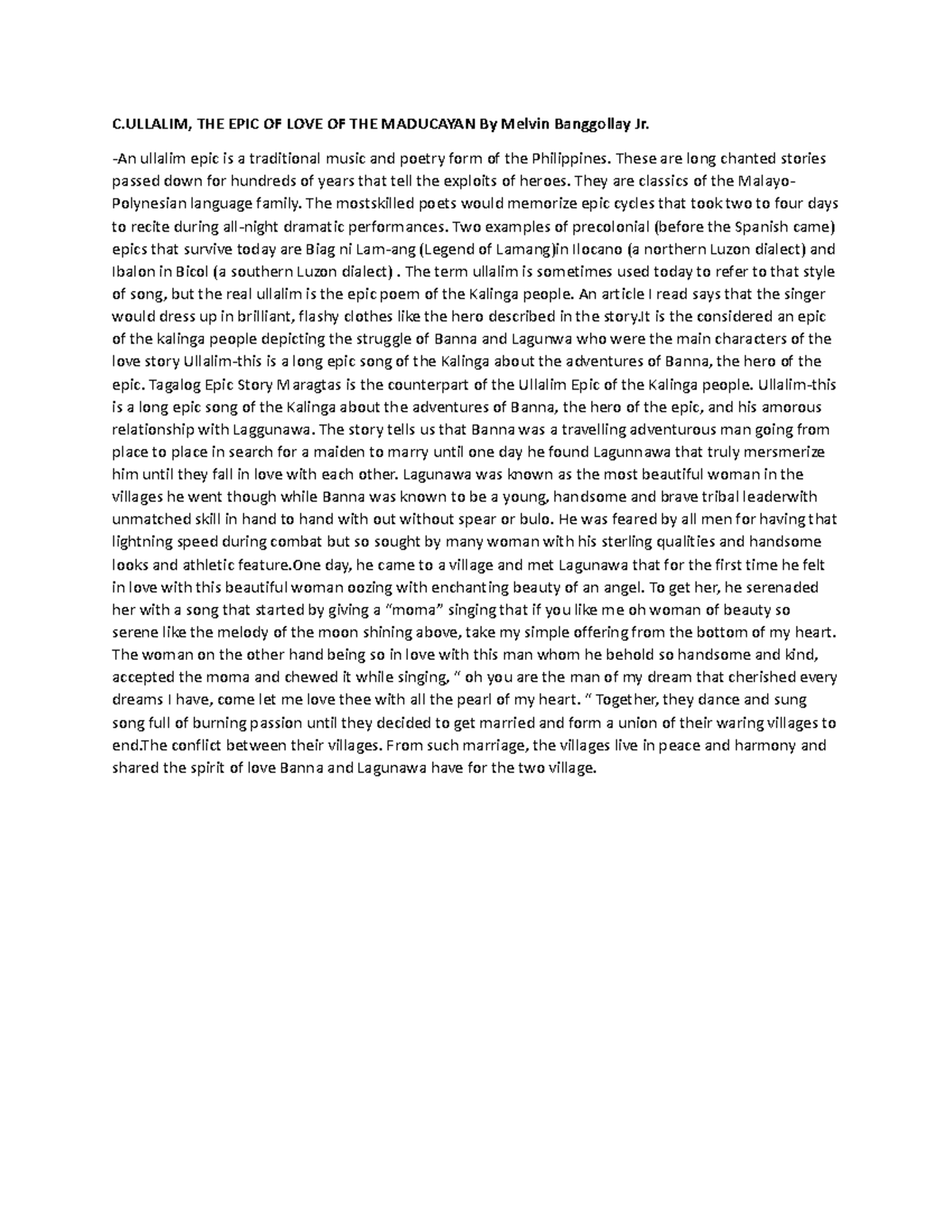 Document - Mwamwamwa - C, THE EPIC OF LOVE OF THE MADUCAYAN By Melvin Banggollay Jr. -An ullalim ...