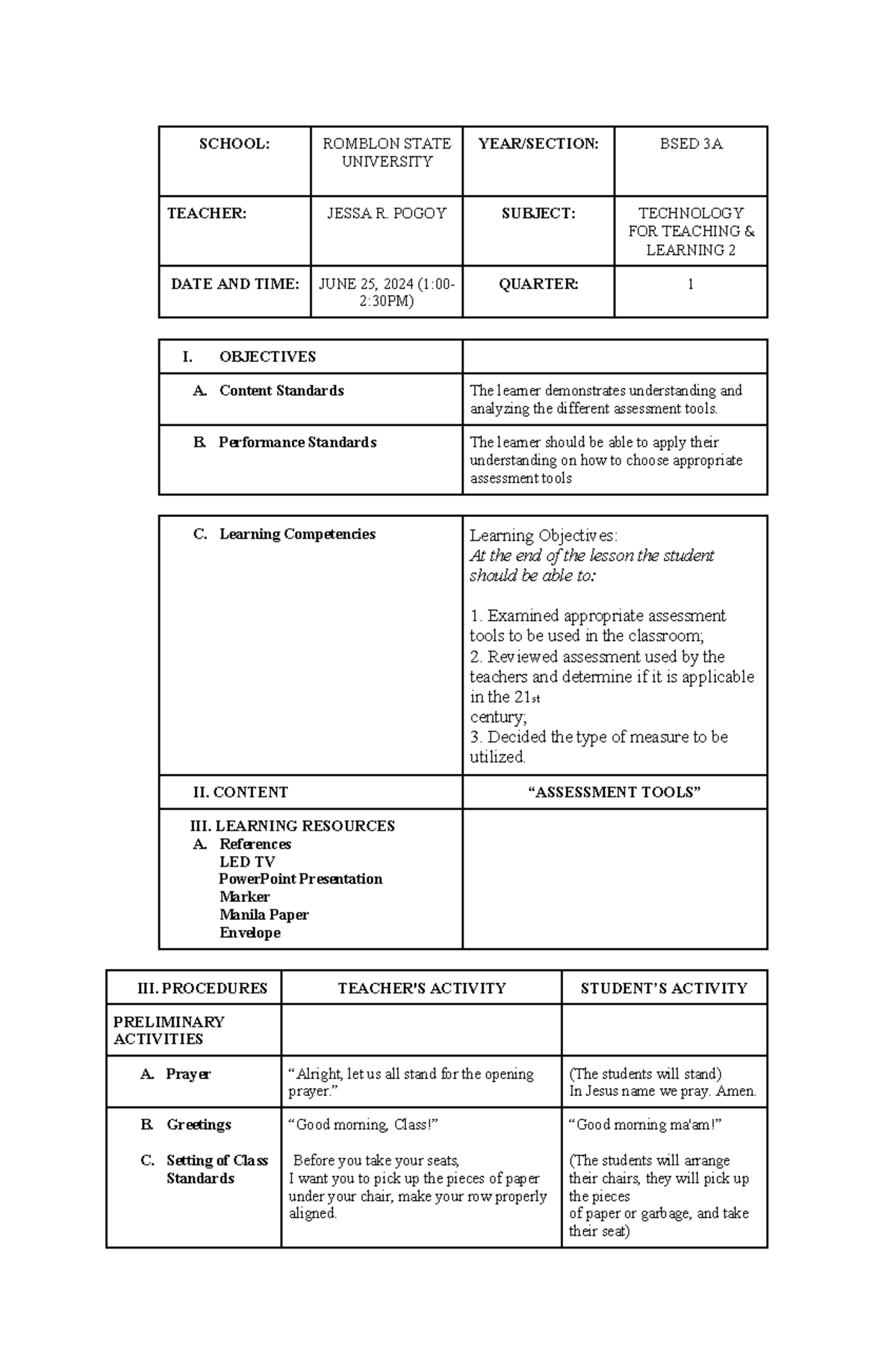 Lesson Plan Module 3 - Technology for teaching and learning - SCHOOL: ROMBLON STATE UNIVERSITY ...
