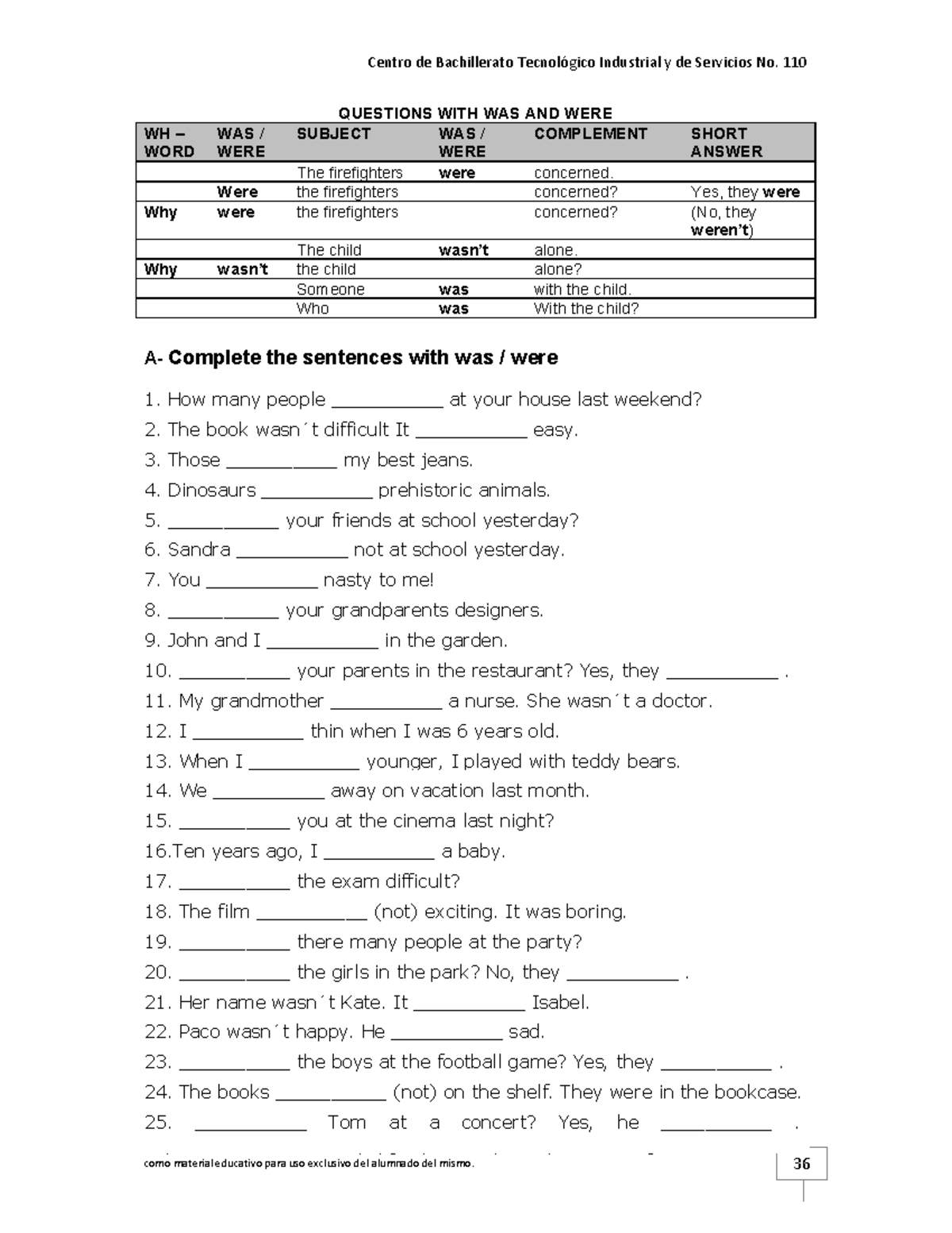 Activity 3 Questions with WAS WERE - Centro de Bachillerato Tecnológico ...