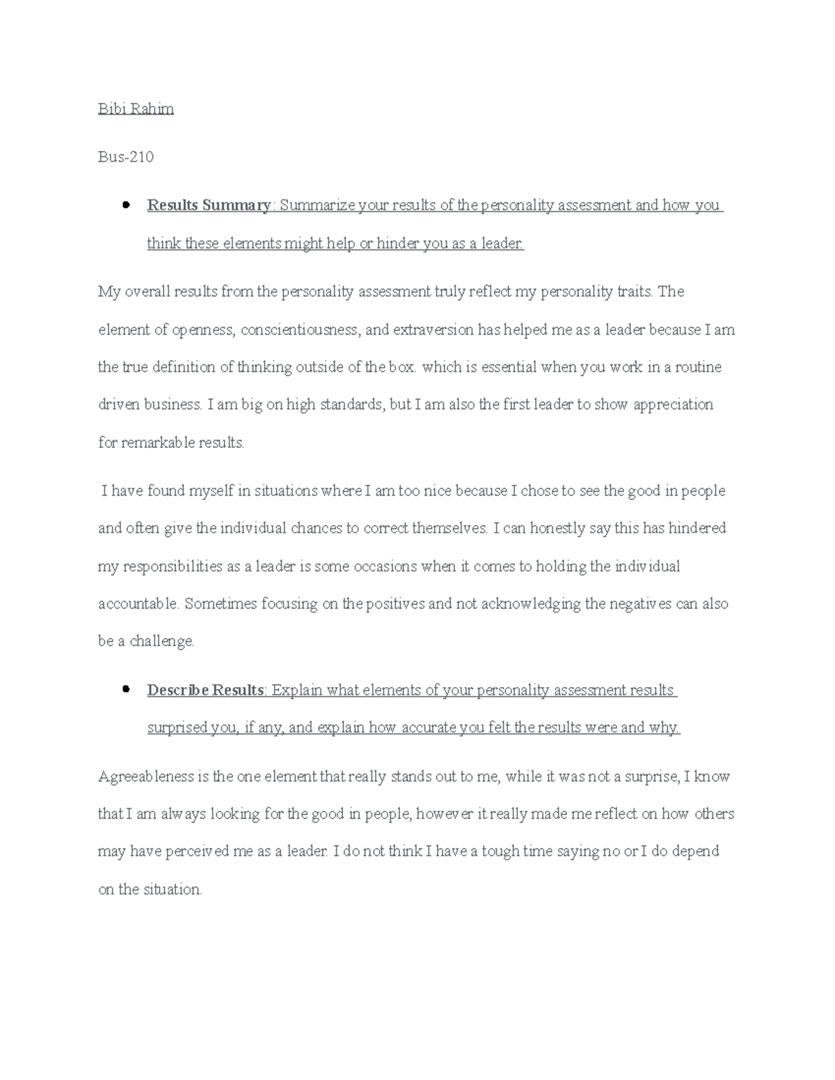 Managing and leading Business week 1 - Bibi Rahim Bus- Results Summary ...