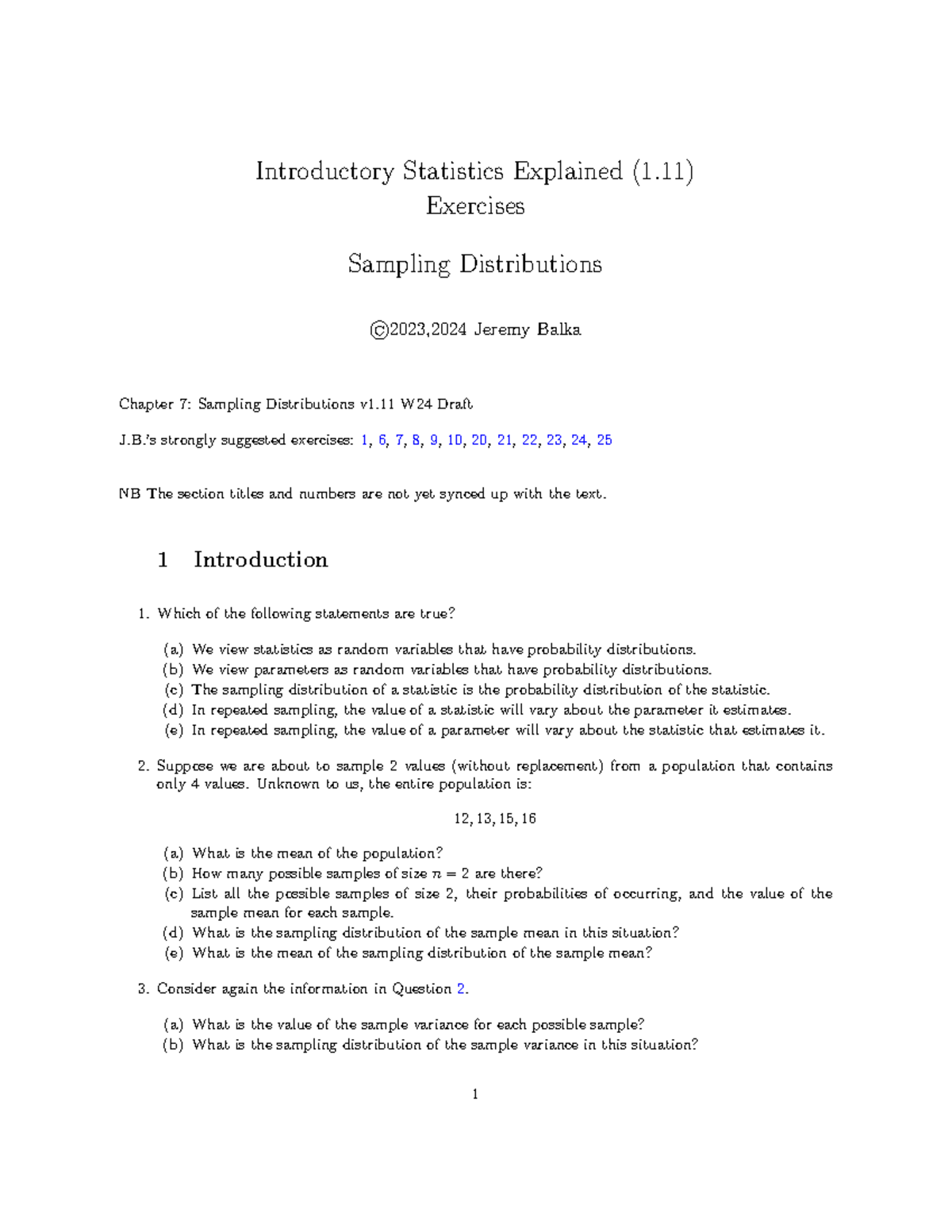 Sampling Distibutions exercises - Introductory Statistics Explained (1) Exercises Sampling - Studocu