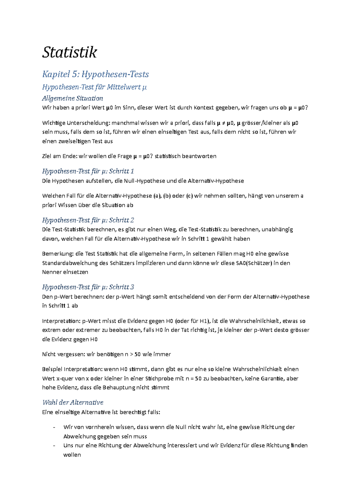 Zusammenfassung Kapitel 5 Hypothesen-Tests - Statistik Kapitel 5 ...