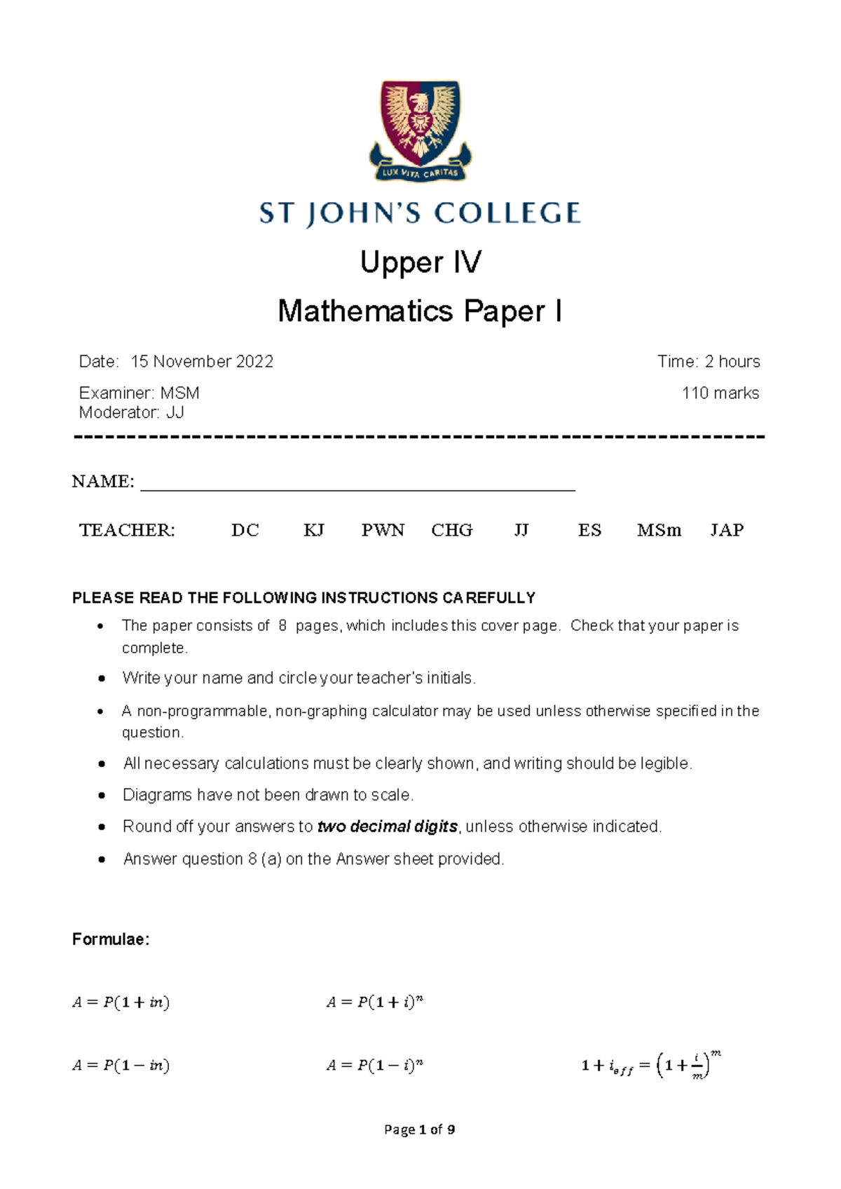 2022 UIV Nov Paper 1 - Upper IV Mathematics Paper I Date: 15 November ...