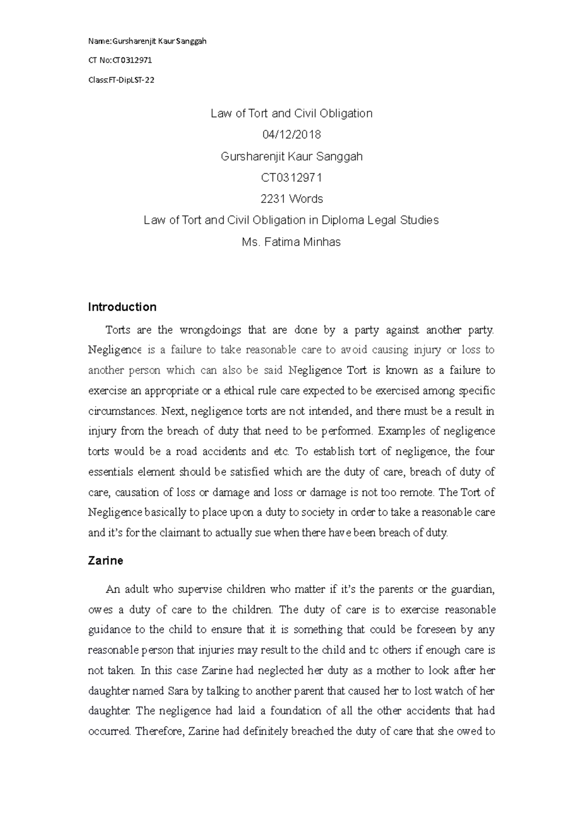 Law of Tort and Civil Obligation Assignment - CT No:CT Class:FT-DipLST ...
