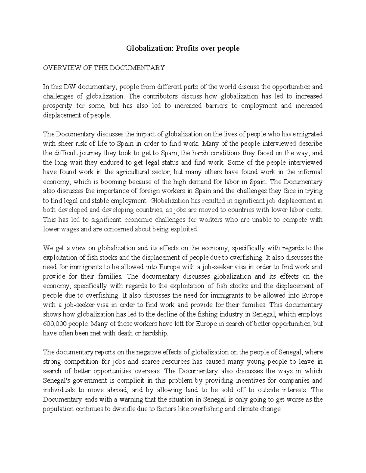 Globalization Report - OVERVIEW OF DOCUMENTARY - Globalization: Profits ...